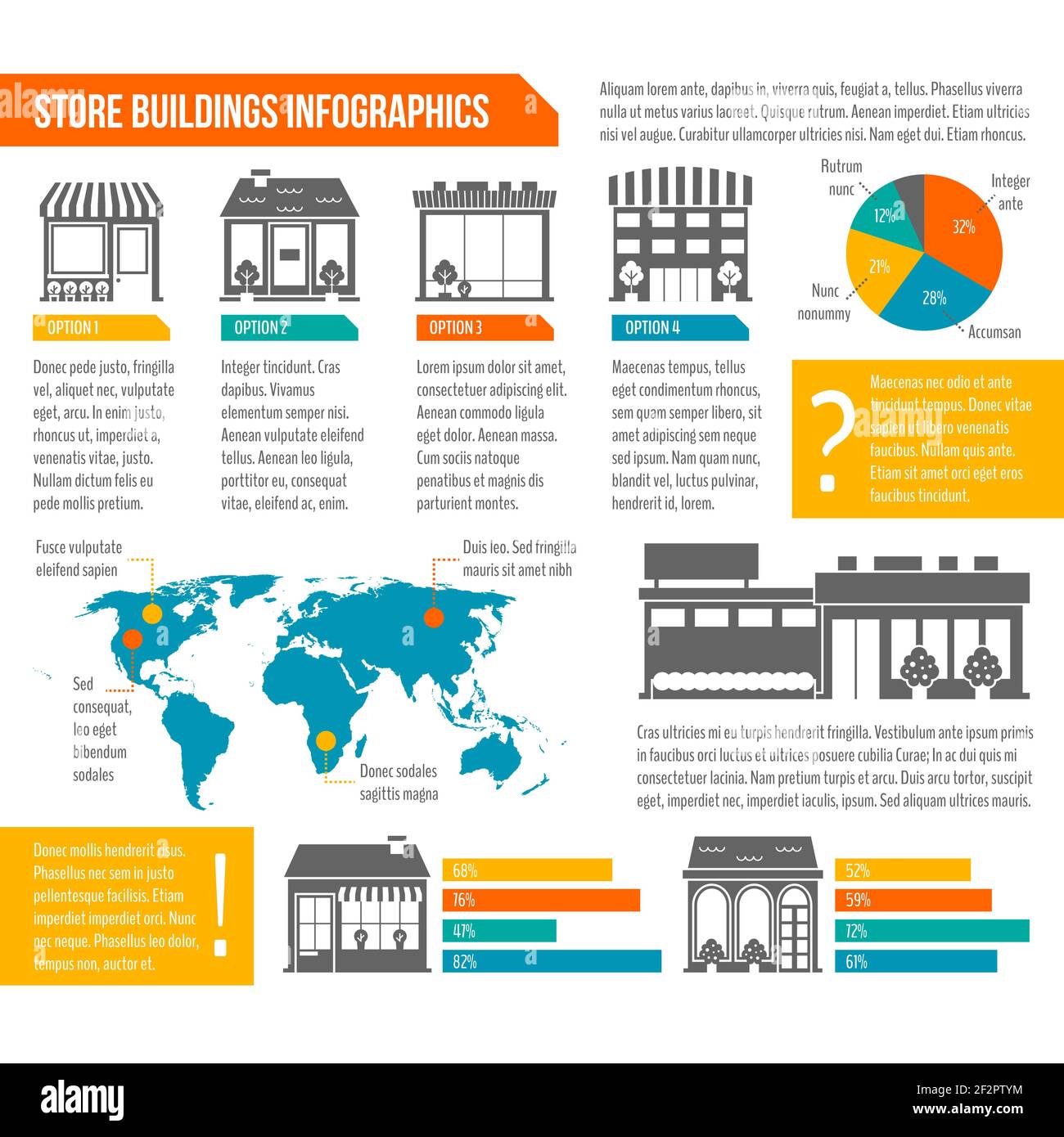 Store shop business buildings infographics set with world map and chart ...
