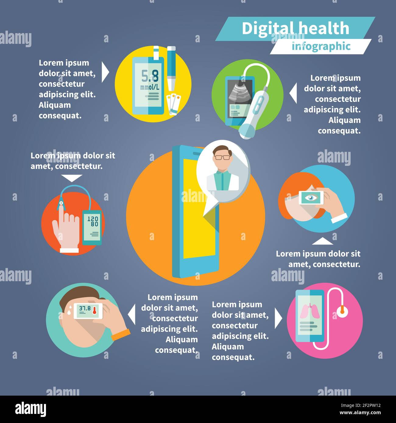 Digital health mobile medicine flat infographics set vector ...