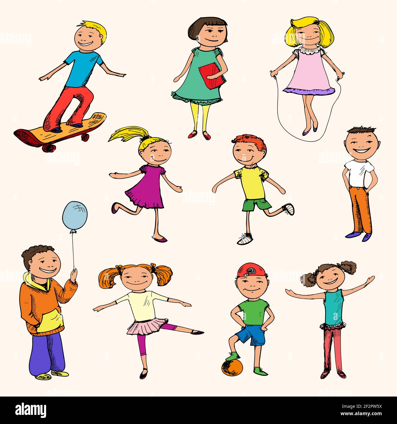 Children boys and girls sports colored sketch characters set isolated ...