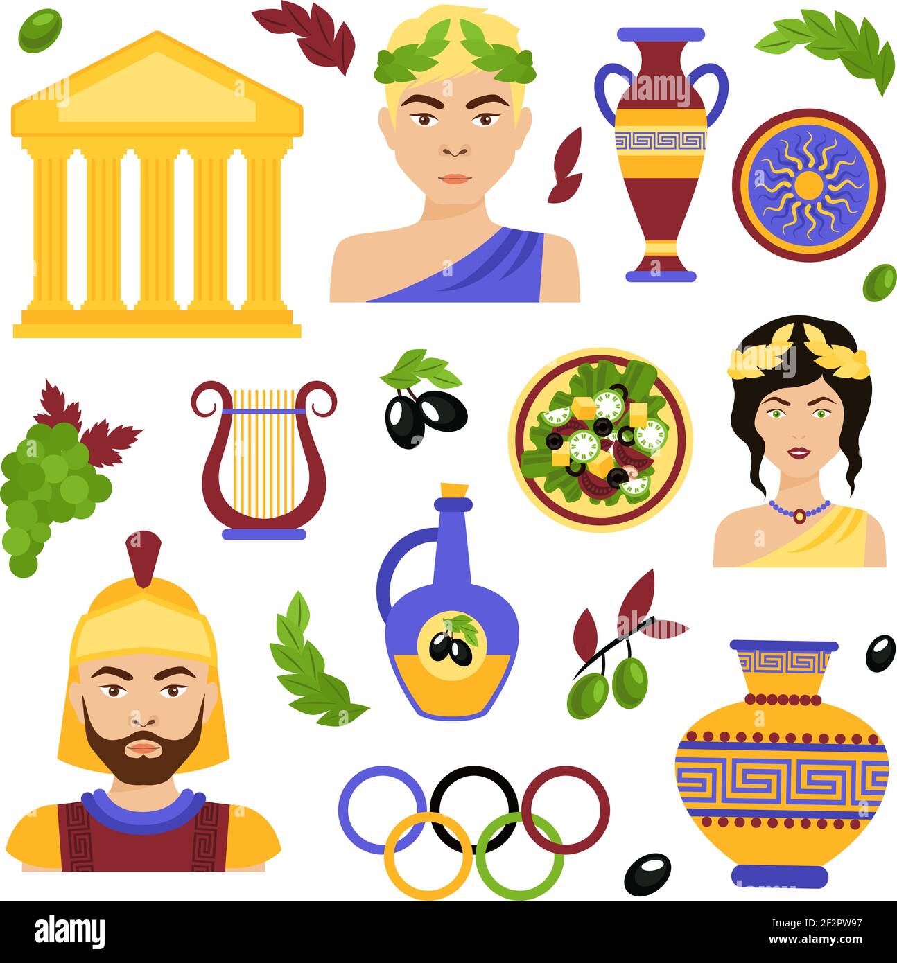 Greece decorative icons set with antique temple salad olive oil ...