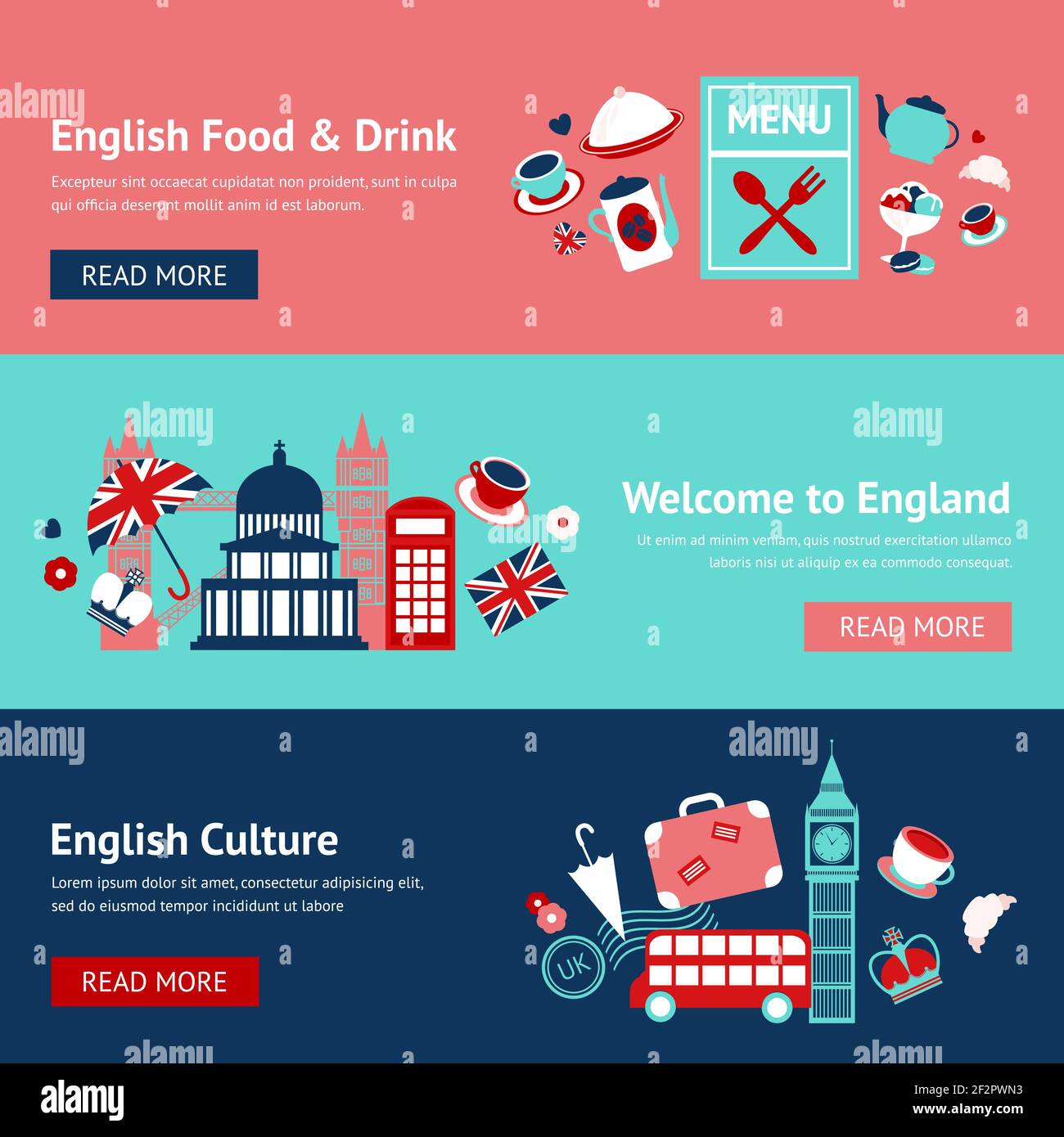 England banner set with english food and drink culture isolated vector ...