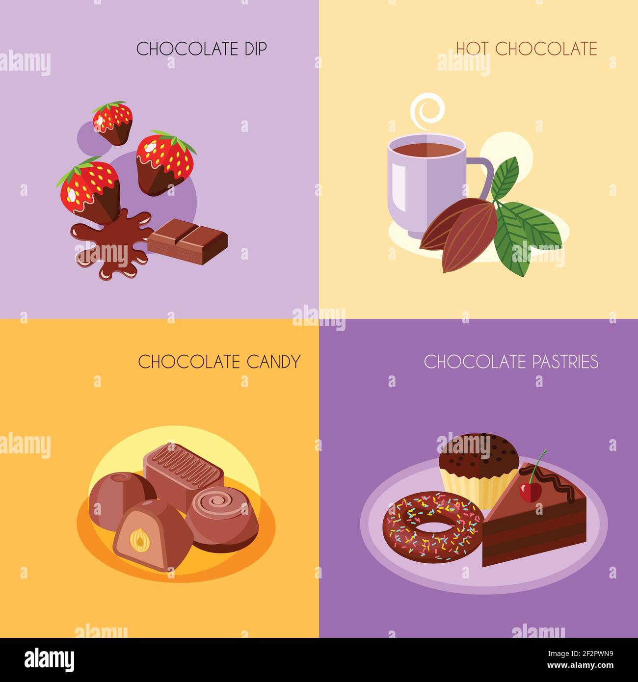 Chocolate flat icons set with dip hot candy pastries isolated vector ...