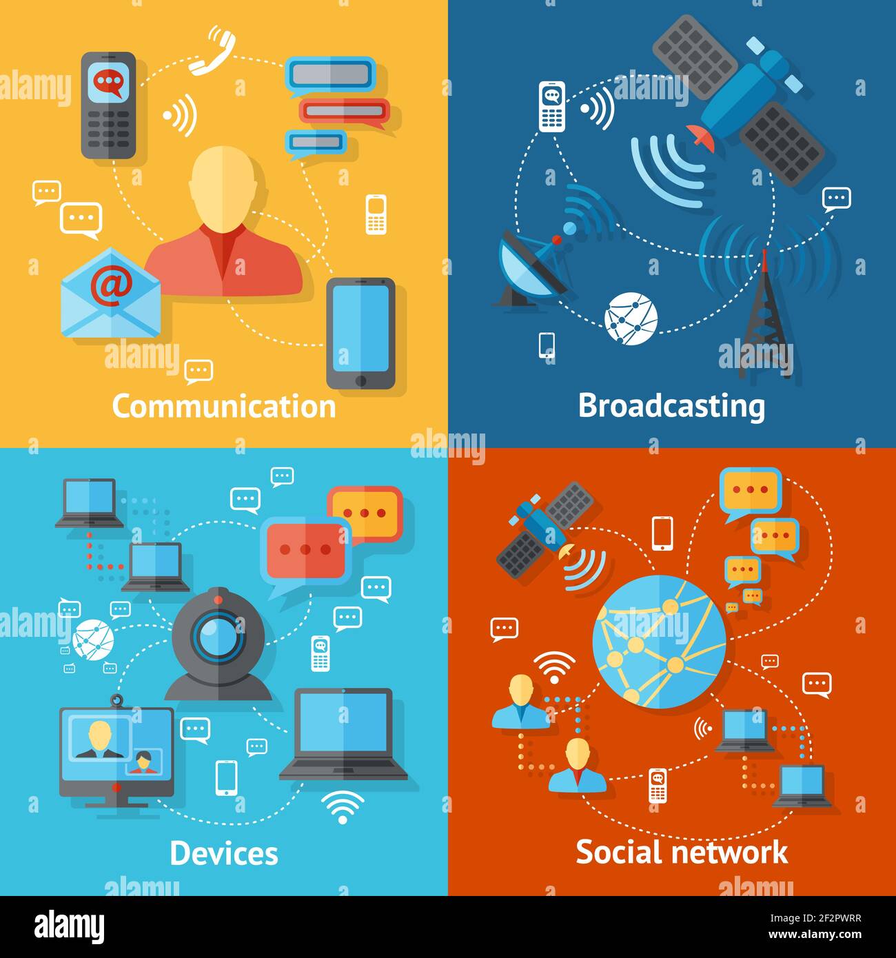Communication flat icons set with broadcasting social network devices ...