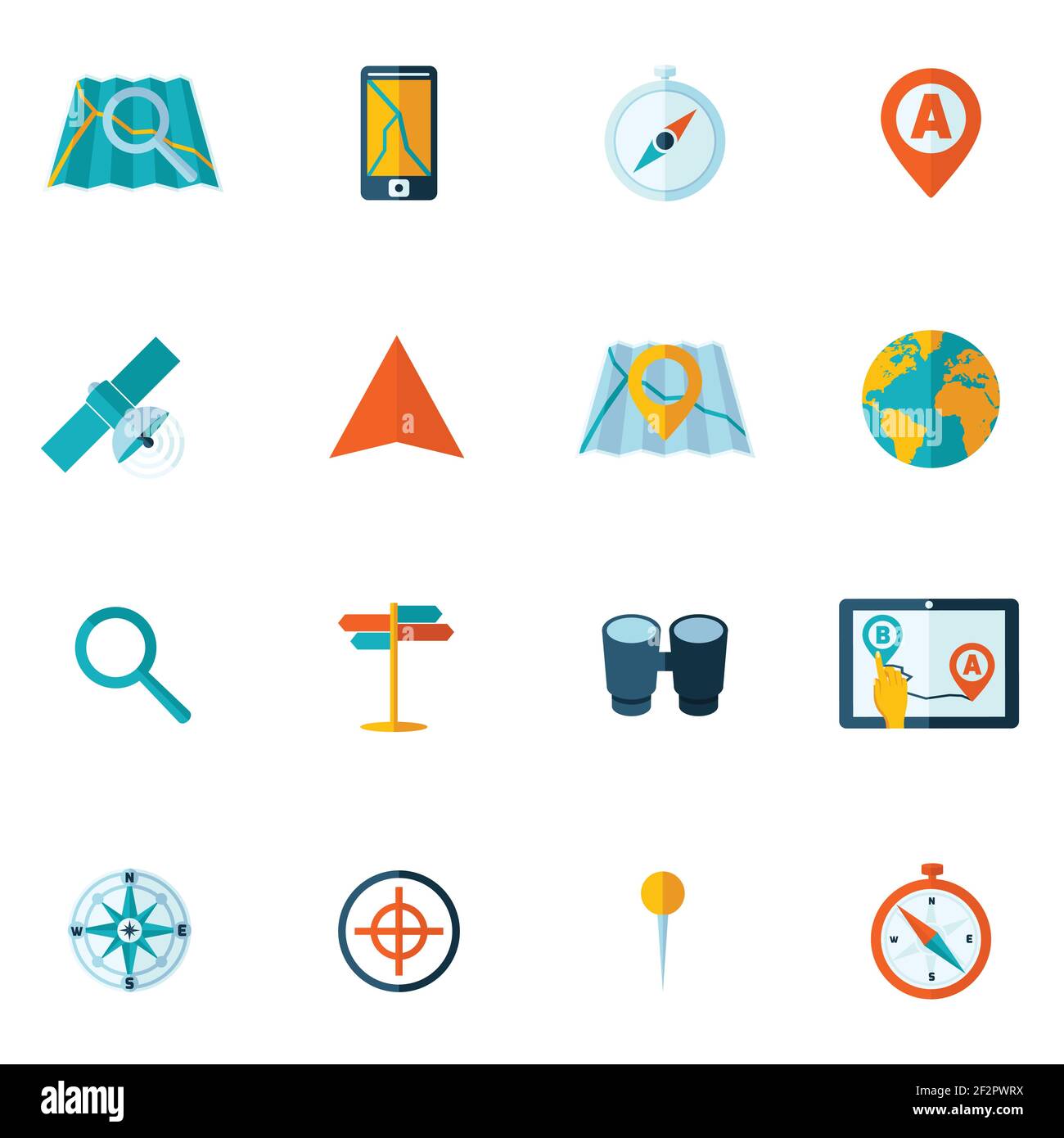 Navigation icons flat set of globe road map flag car compass flag ...