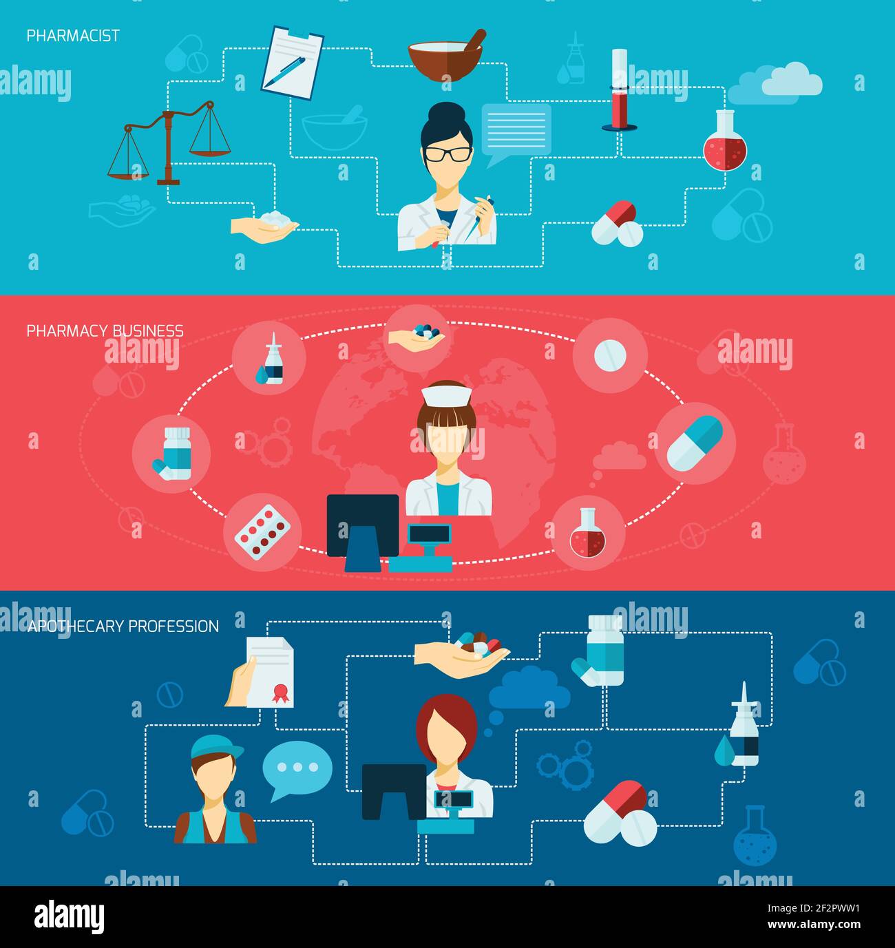 Pharmacist flat banner set with pharmacy business apothecary profession ...
