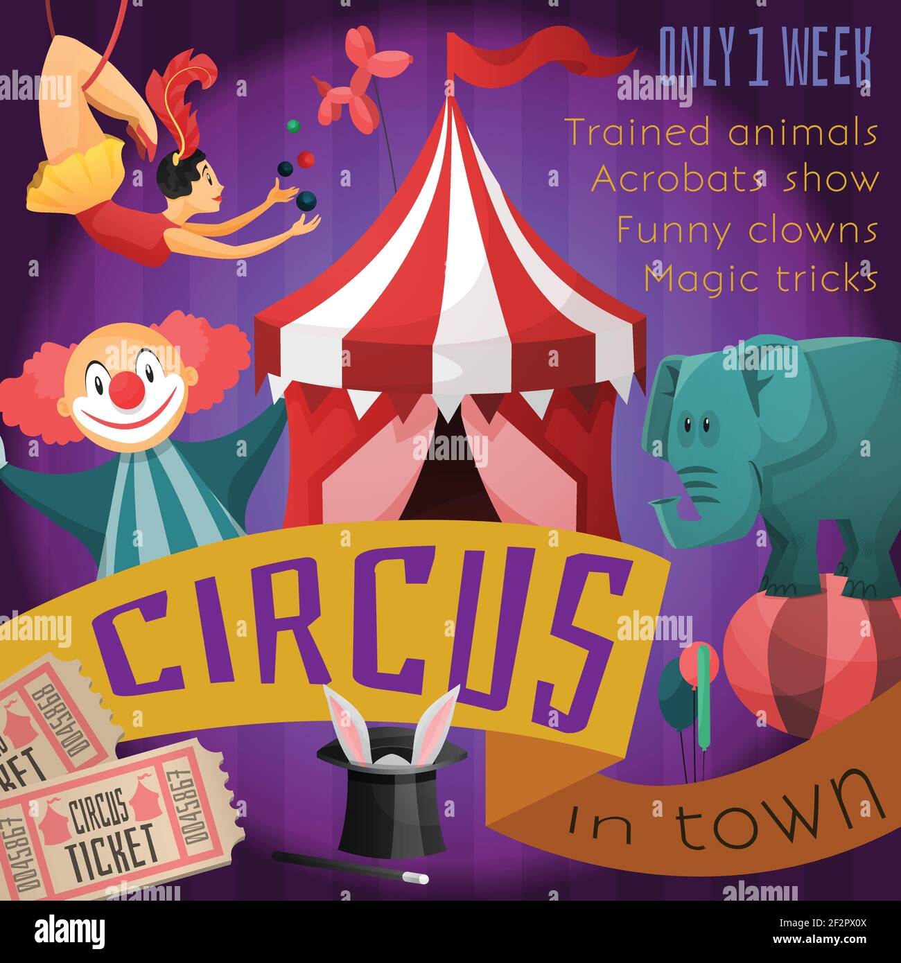 Circus retro poster with trained animals acrobats show funny clowns ...