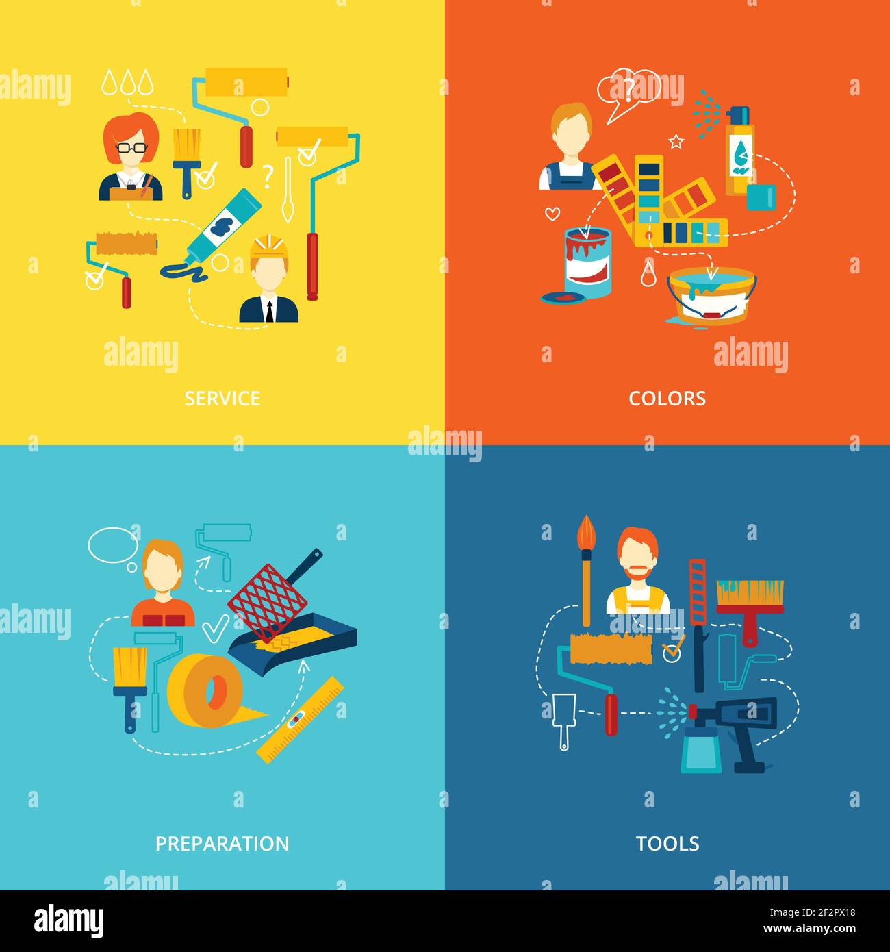 Painting icons flat set with service colors preparation tools isolated ...