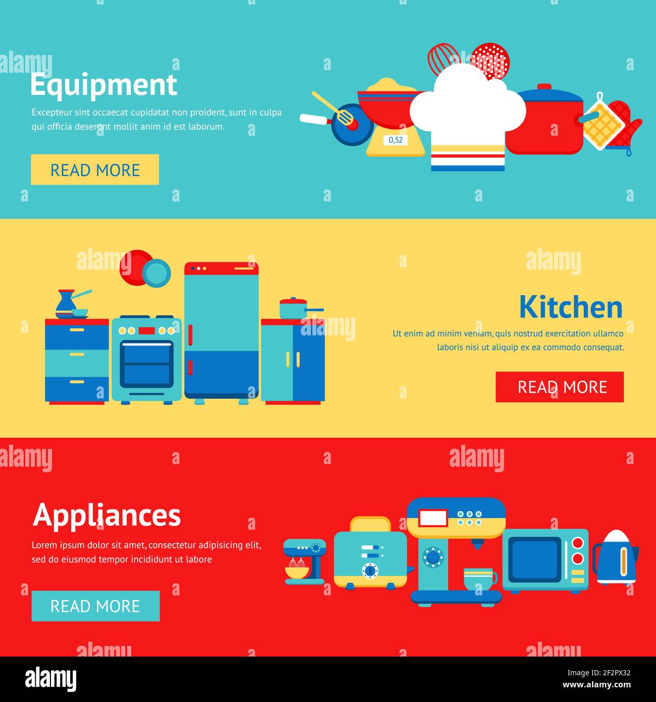 Kitchen appliances and equipment flat banner set with coffee machine ...