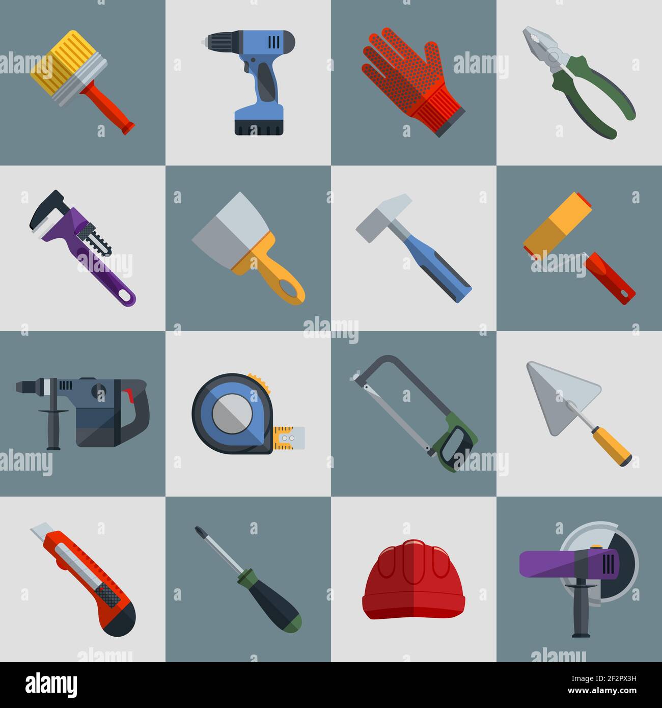 Repair and construction tools flat icons set with hammer saw ...
