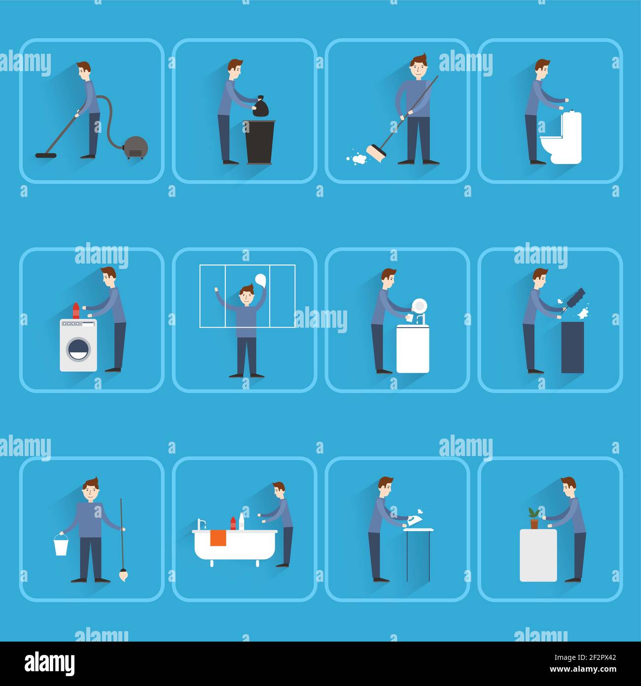 Cleaning people icons set with dust sweeping ironing dishes washing ...