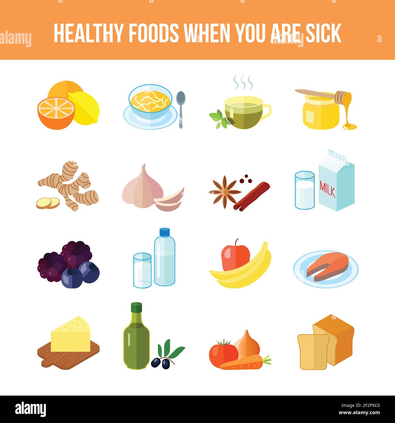 Healthy food for sick people flat icon set with lemon soup tea honey ...
