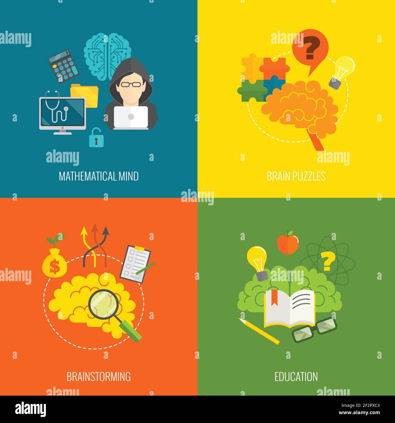 Brain icons flat set with mathematical mind puzzle brainstorming ...