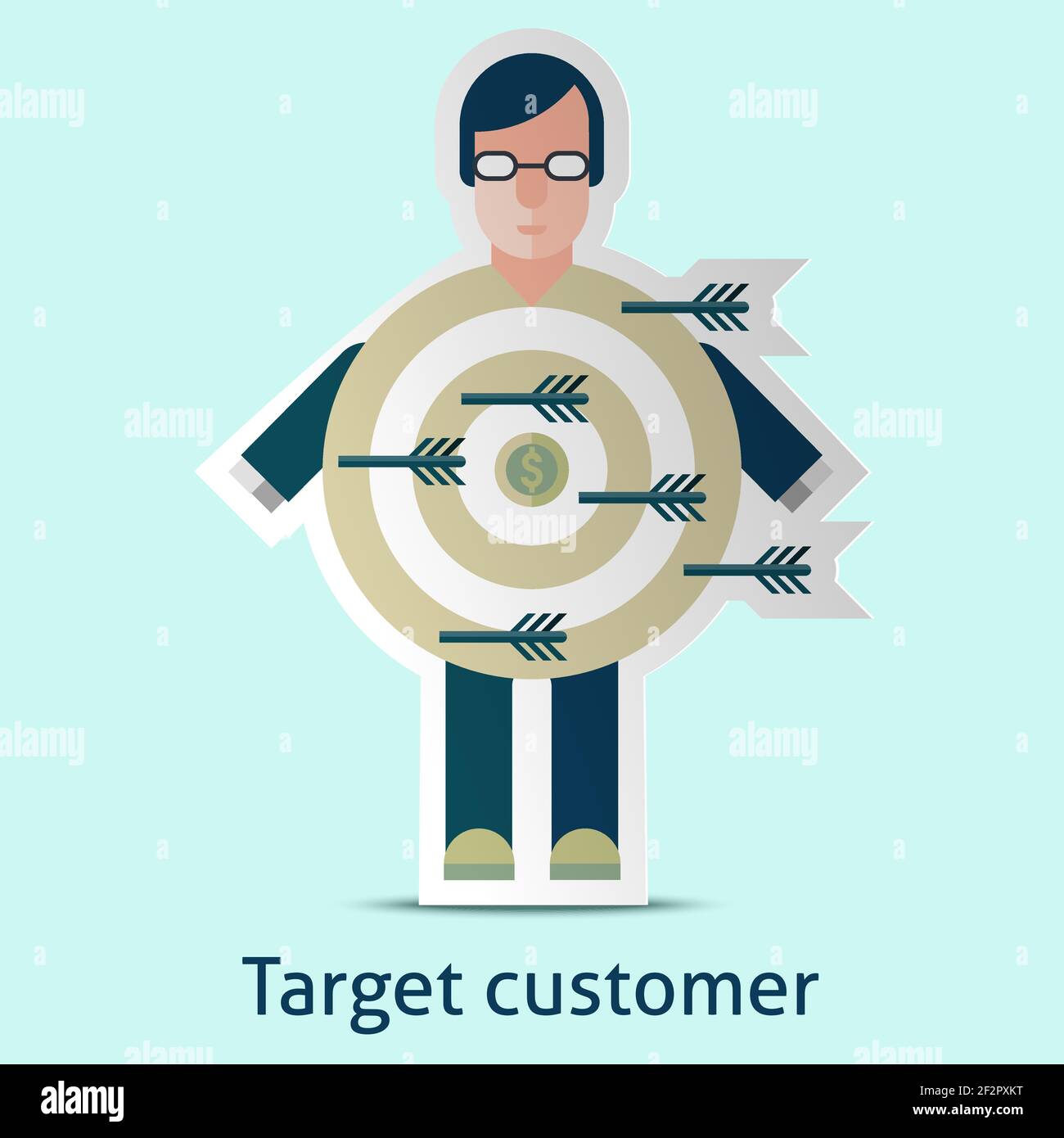 Target customer concept with person in suit with dartboard target in ...