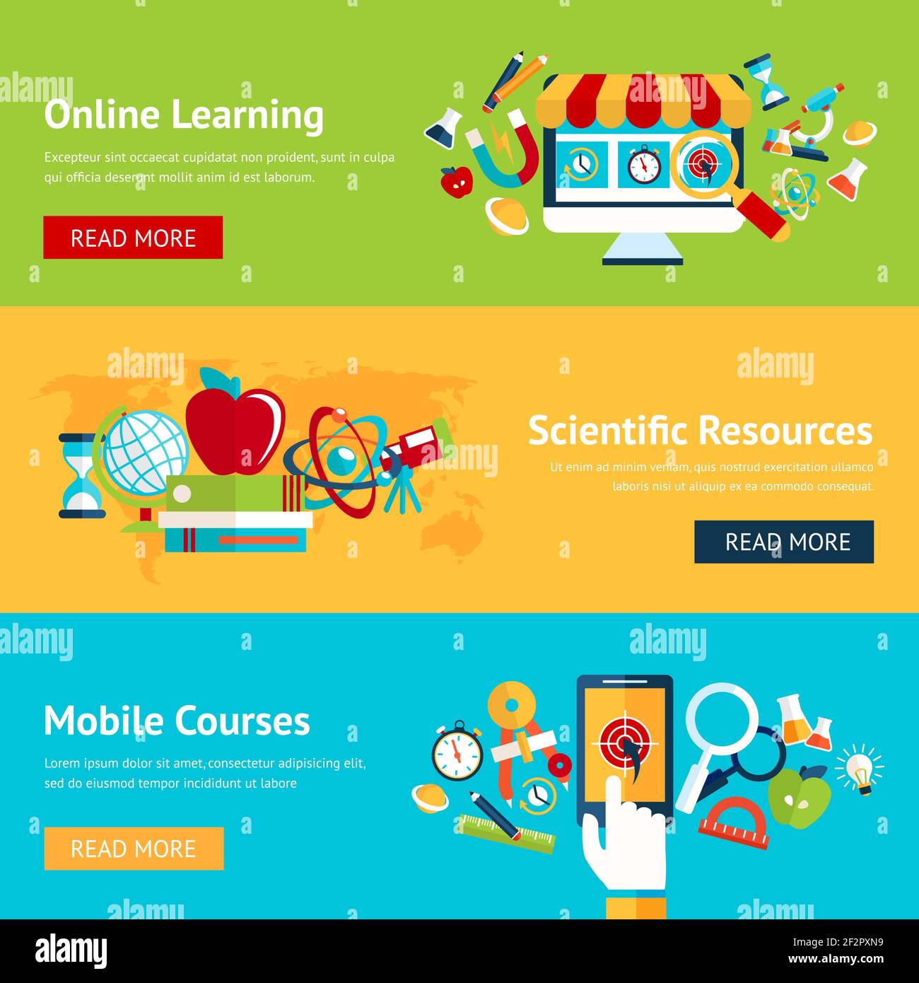 Science flat banner set with online learning scientific resources ...