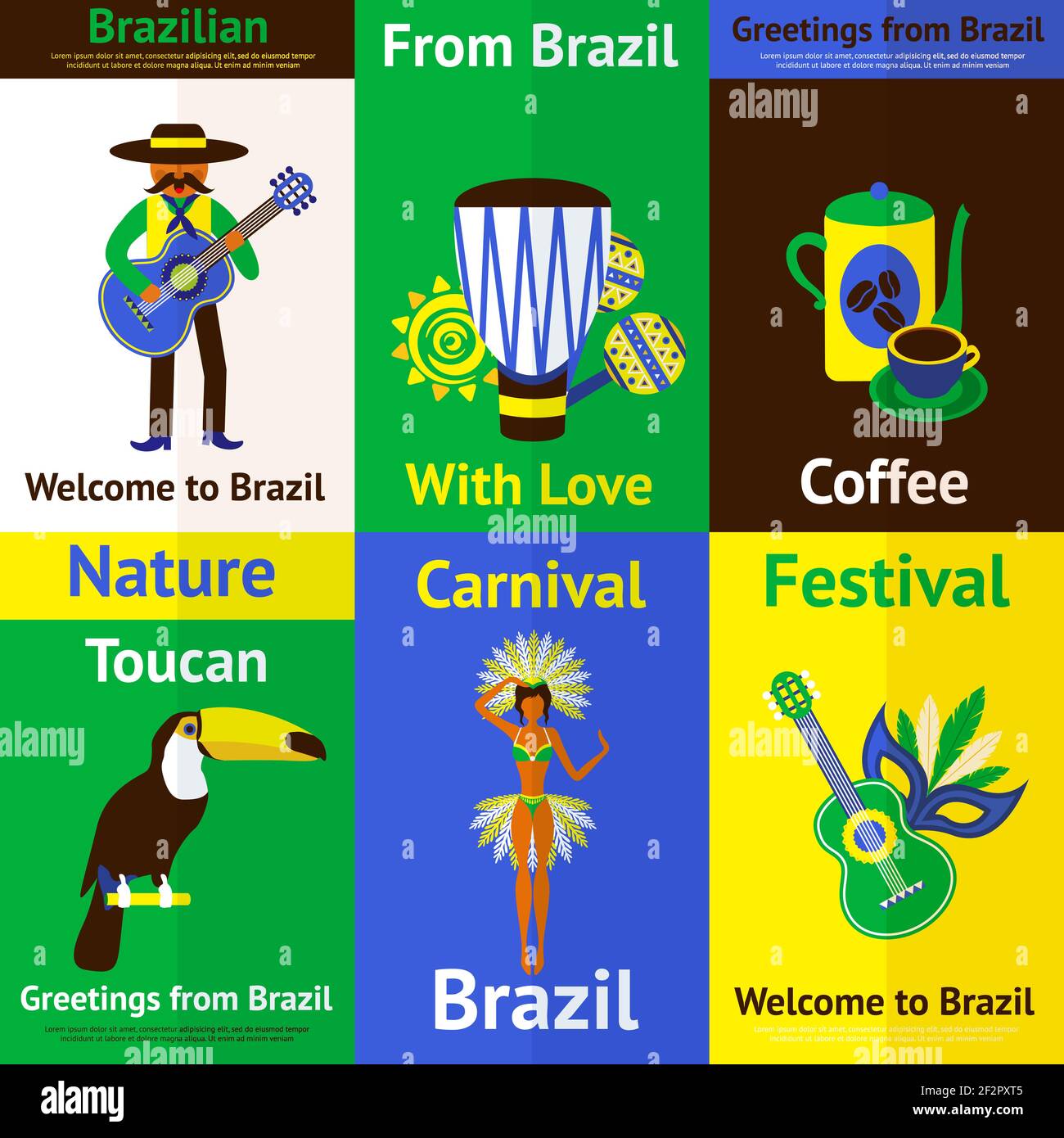 Brazil mini poster set with tourism nature music carnival symbols ...