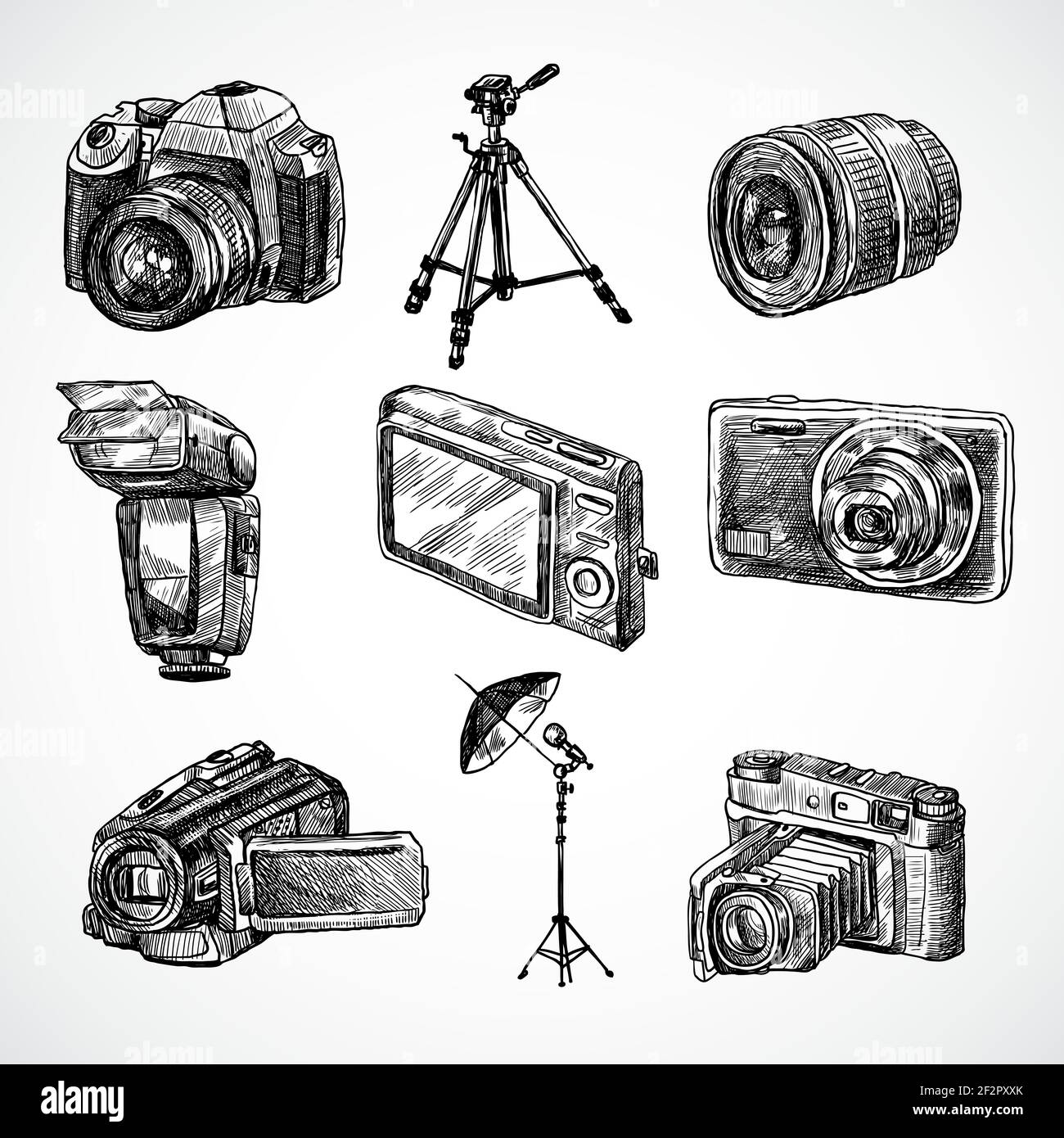 Photo camera digital technology studio equipment hand drawn set ...