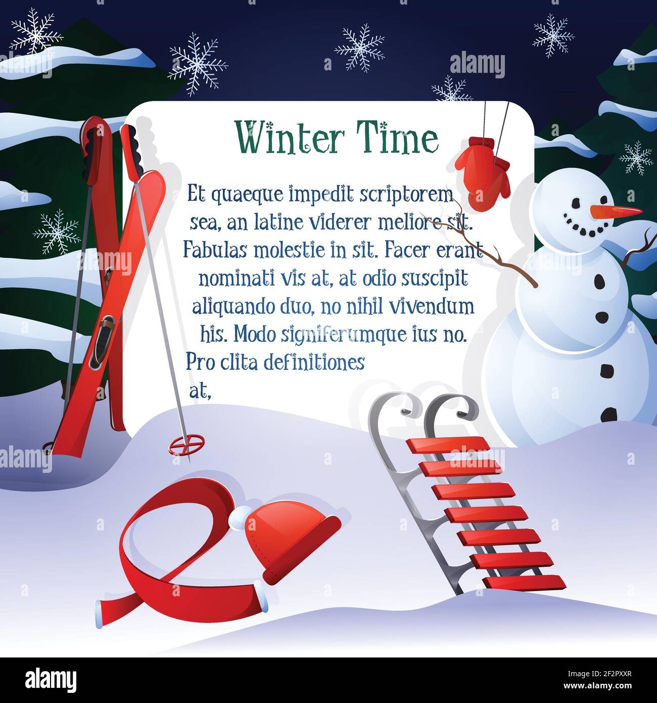 Winter time poster with snowman ski sledge and trees on background ...