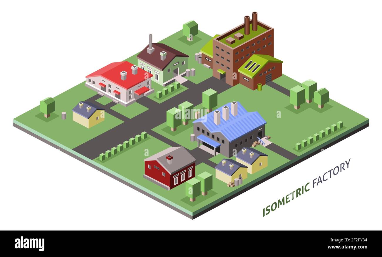 Isometric factory concept with industrial plants and warehouse ...