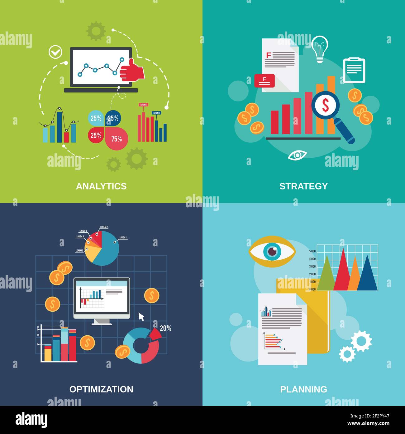 Business data flat icons set with analytics strategy optimization ...