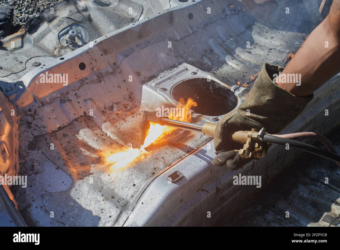 Auto Mechanic or Car Mechanic Cut Car Frame or Body by Oxygen Acetylene ...