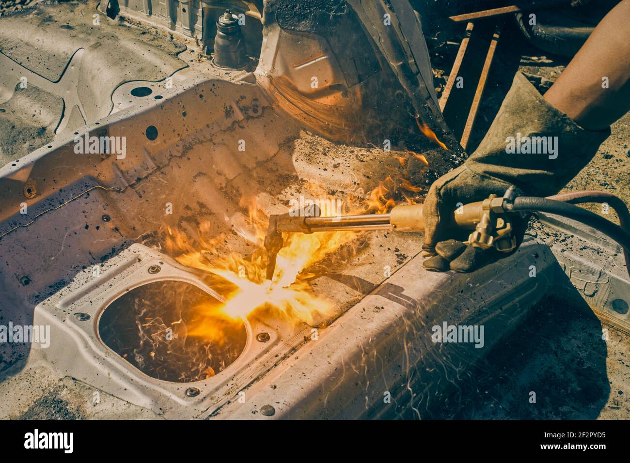 Car Mechanic or Auto Mechanic Cut Car Frame or Body by Oxygen Acetylene ...