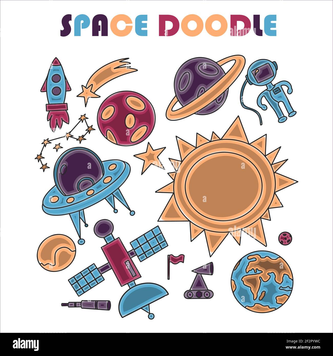 Hand draw space illustration with a rocket, astronaut, planets and ... Hand draw space illustration with a rocket, astronaut, planets and ...