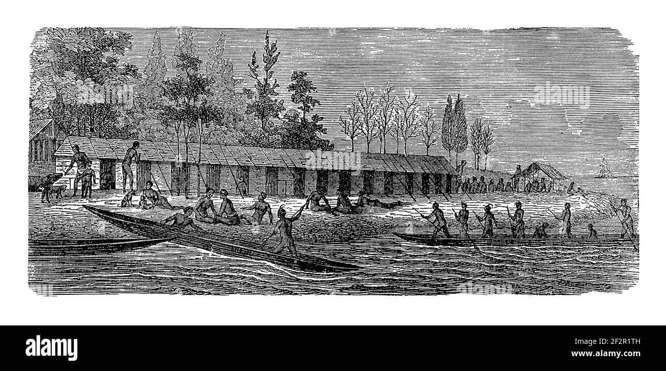 Antique 19th-century engraving of a village in New Guinea. Illustration ...