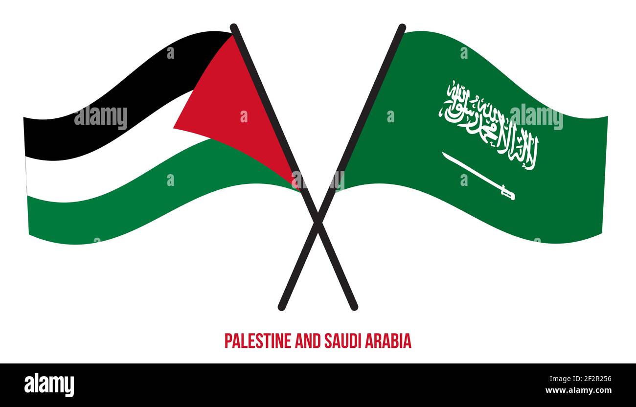 Palestine and Saudi Arabia Flags Crossed And Waving Flat Style ...