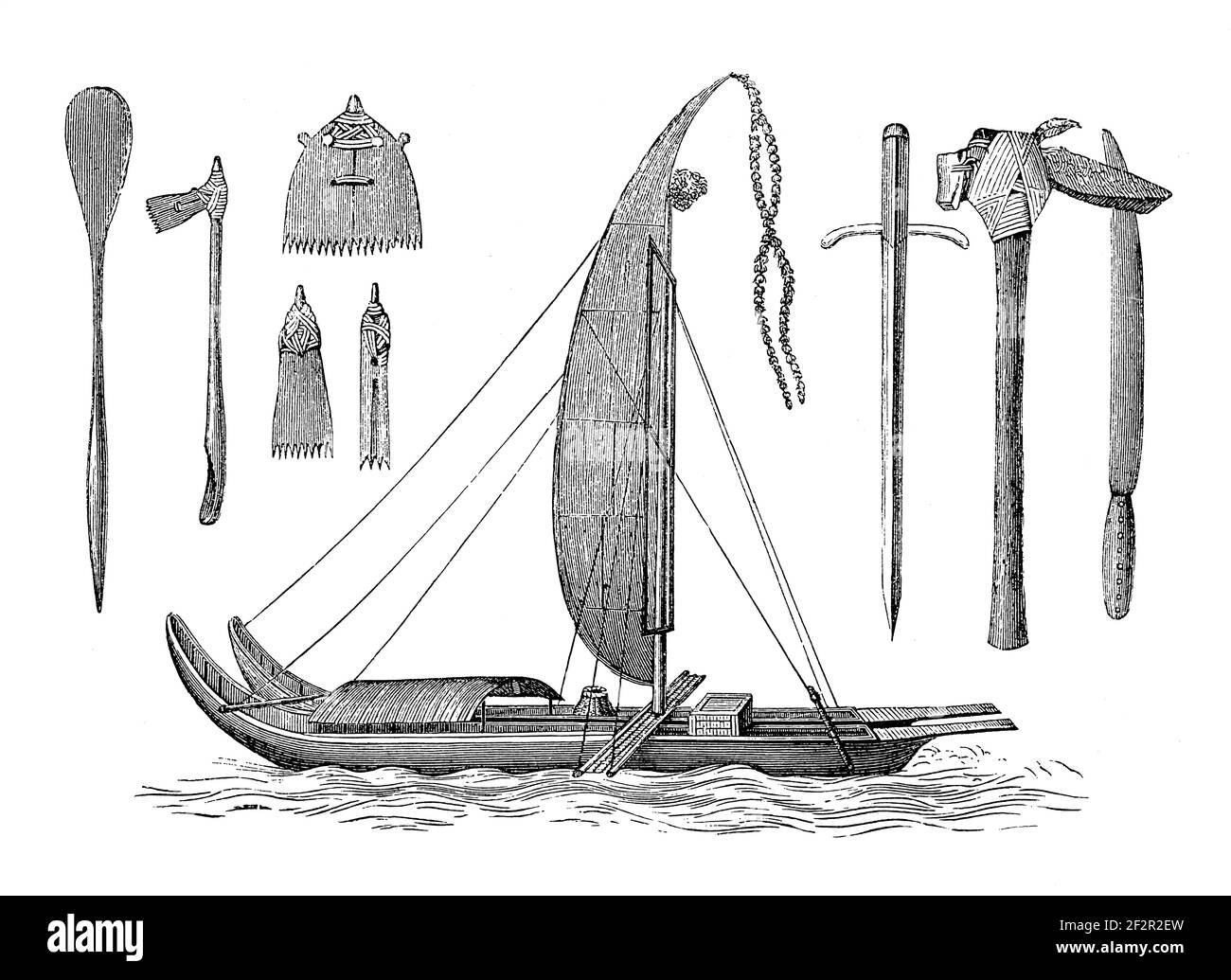 Antique 19th-century illustration of Polynesian artefacts. Engraving ...