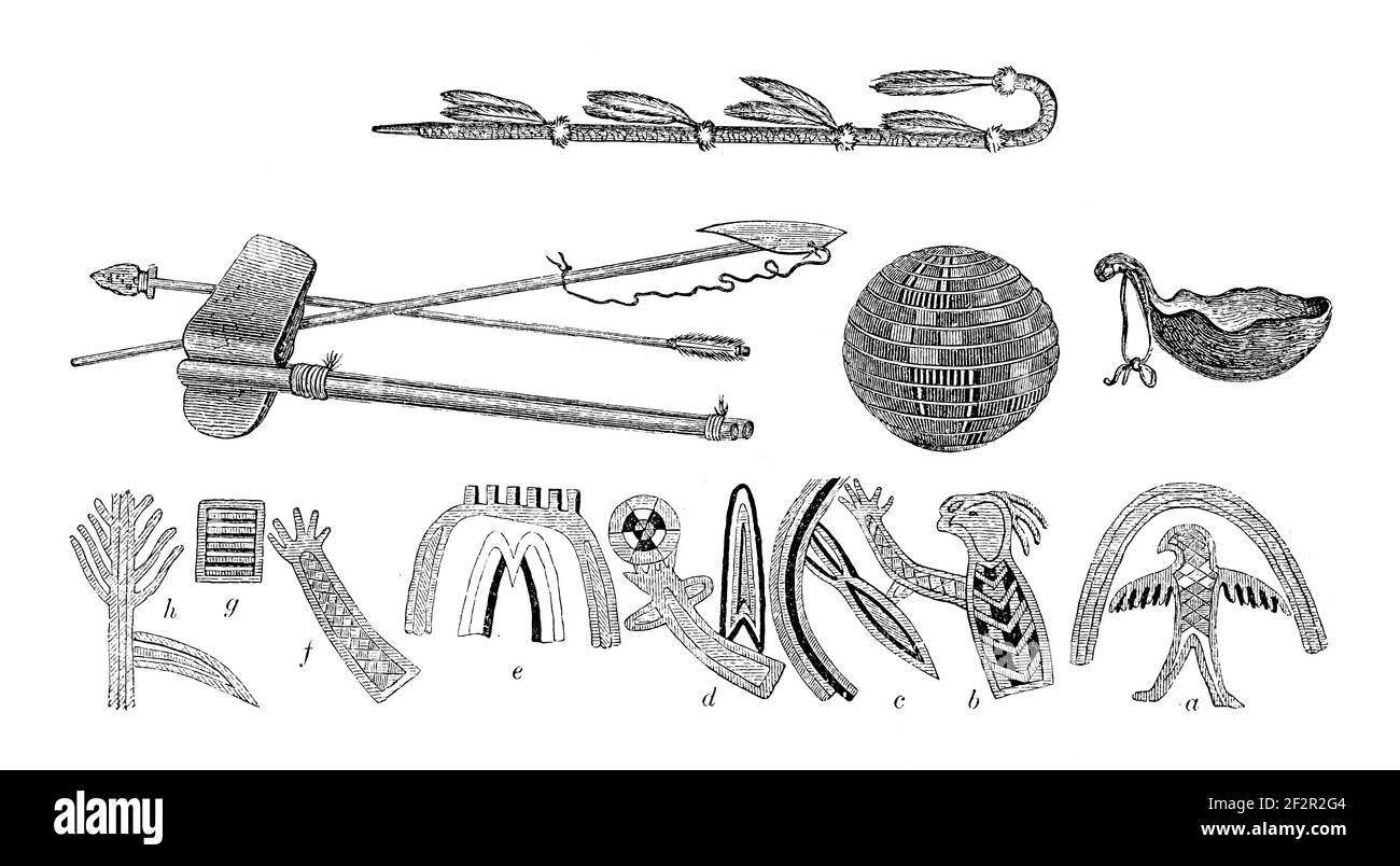 Antique engraving of artefacts from North America. Illustration ...