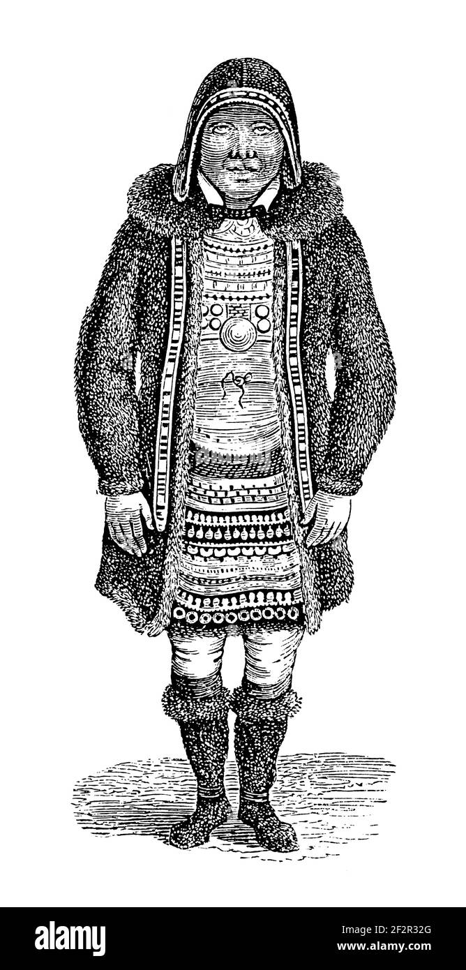 Antique 19th-century illustration of Evenks people. Engraving published ...