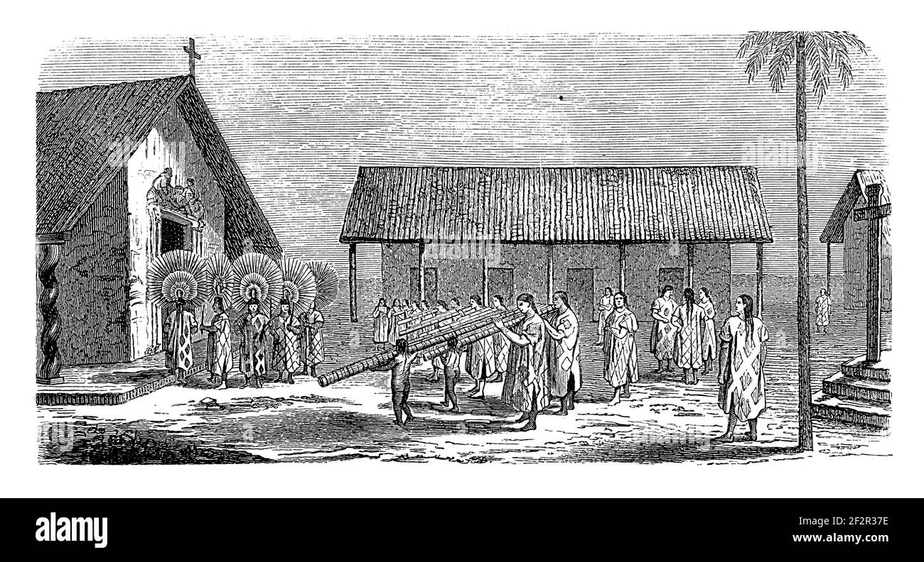 19th-century illustration of Moxos religious dance. Engraving published ...