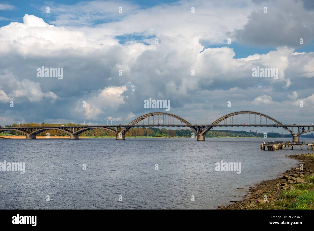 Panorama of the Volga embankment and a road bridge across the Volga ...