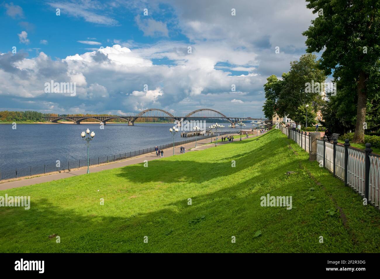 Panorama of the Volga embankment and a road bridge across the Volga ...