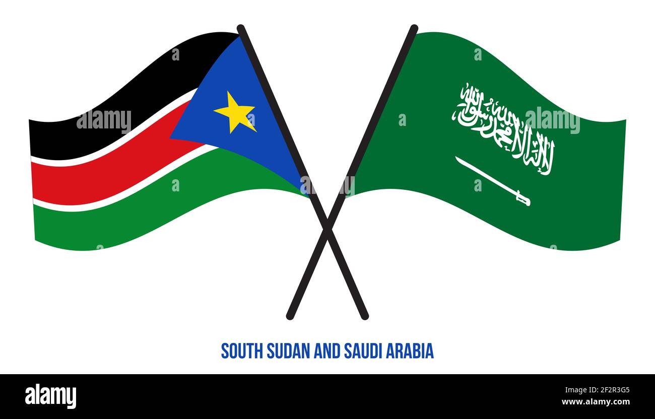 South Sudan and Saudi Arabia Flags Crossed And Waving Flat Style ...
