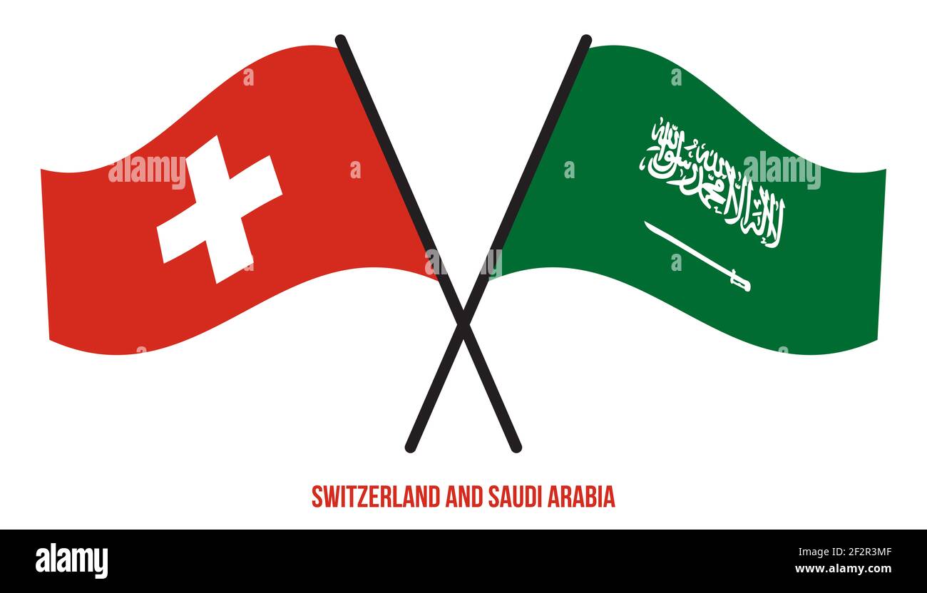Switzerland and Saudi Arabia Flags Crossed And Waving Flat Style ...
