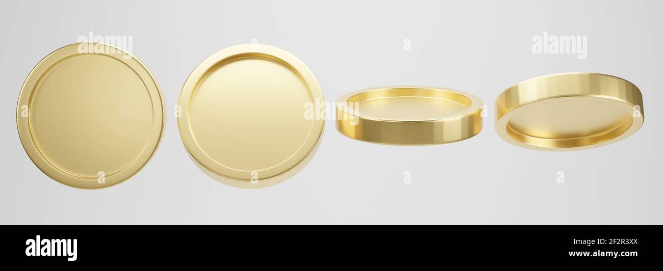 Set of golden coin in different shape on white background. 3d rendering ...