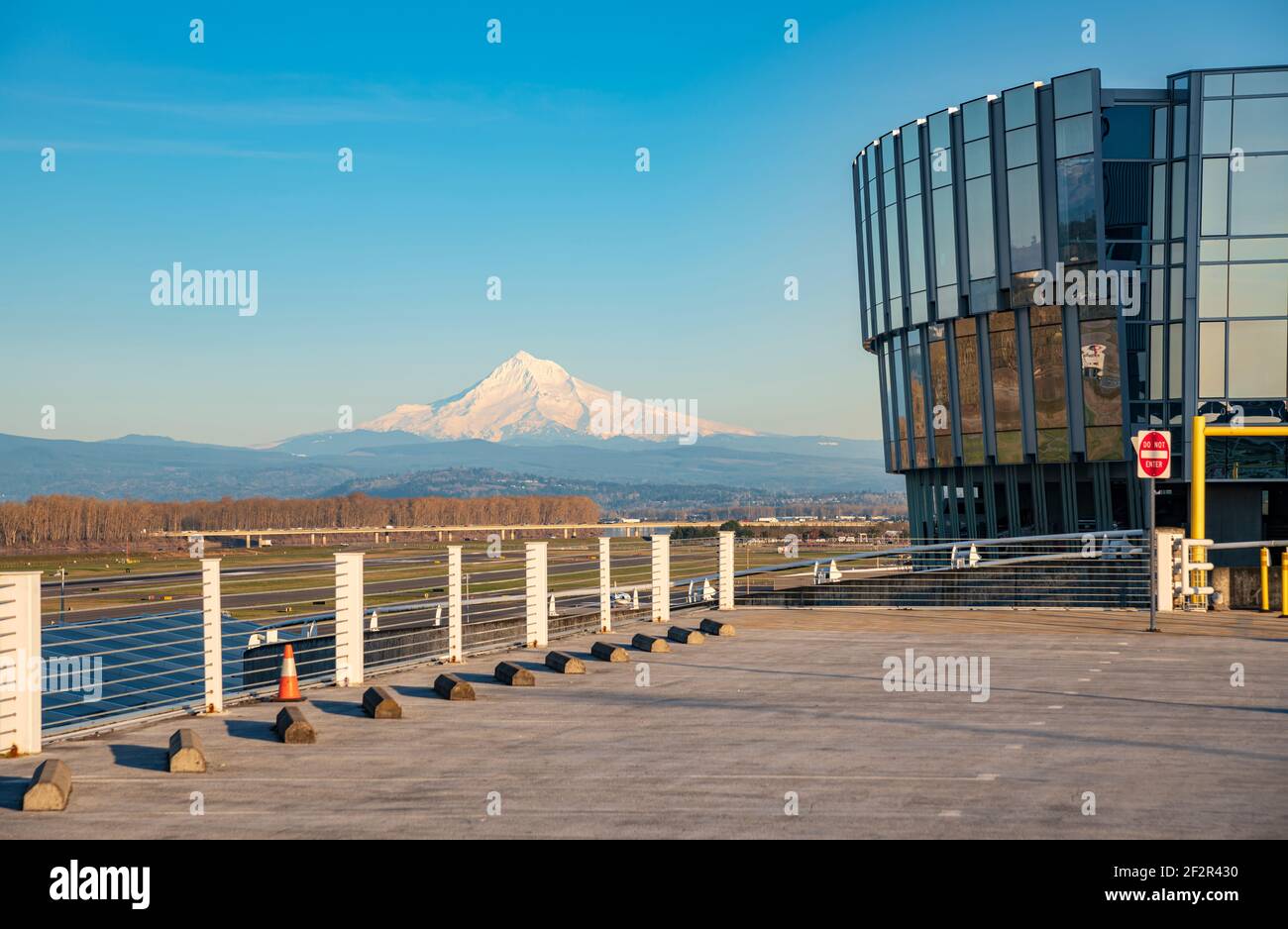 View of Mt. Hood from the rooftop at the Portland airport Oregon state ...