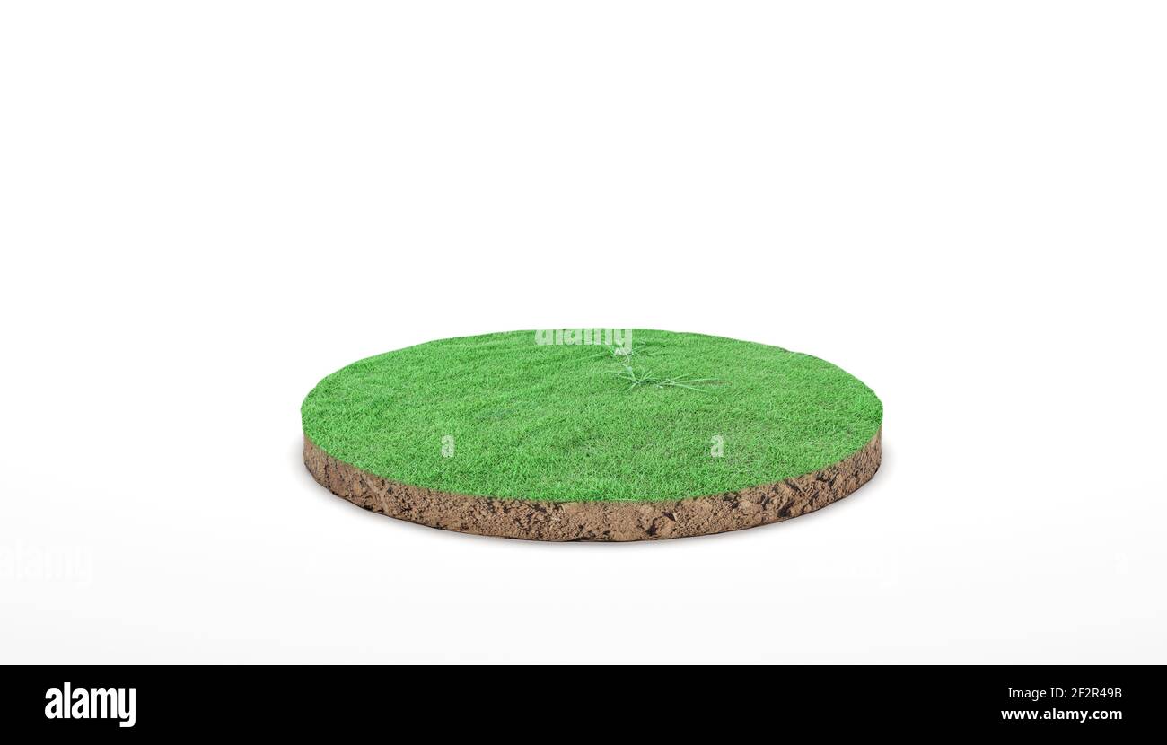 3d rendering. Round soil ground cross section with green grass on white ...