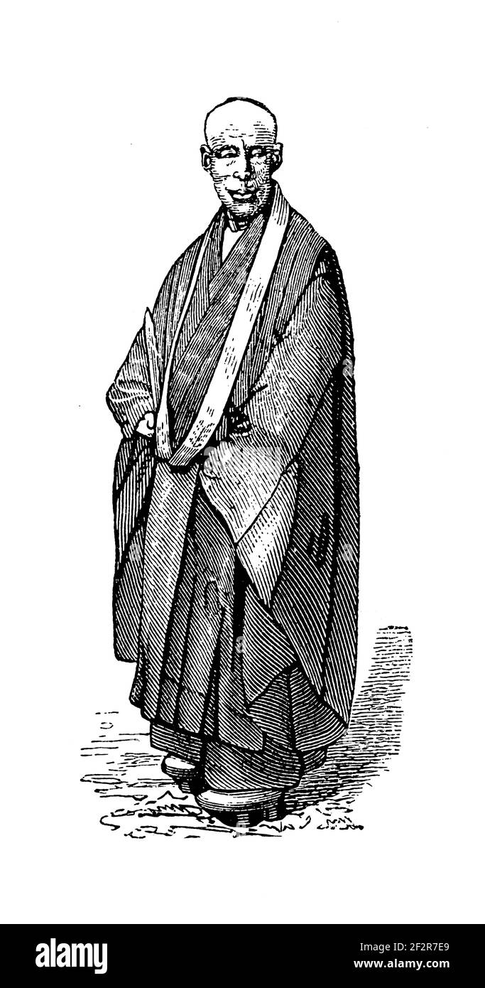 Antique 19th-century illustration of a Japanese priest. Engraving ...