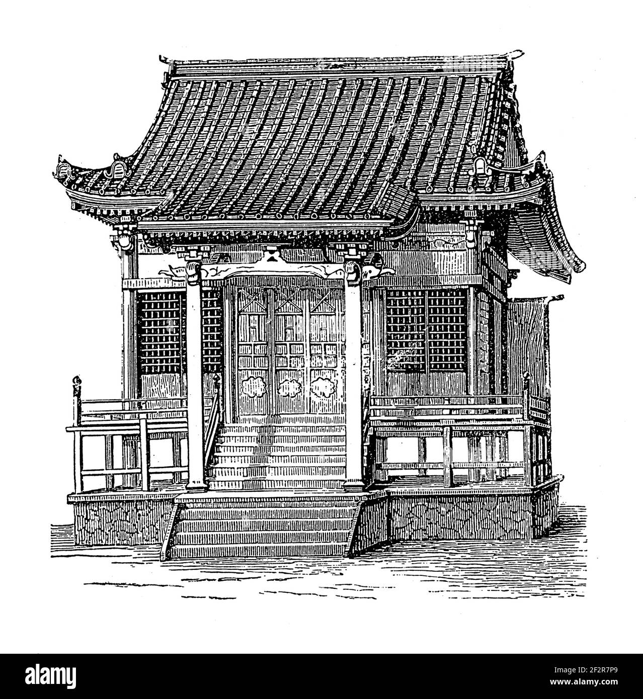 Antique illustration of a Japanese temple. Engraving published in ...