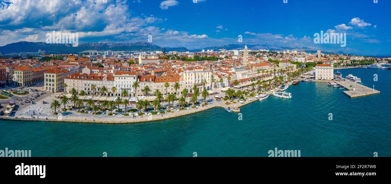 Aerial view of cityscape of Croatian city Split behind Riva promenade ...