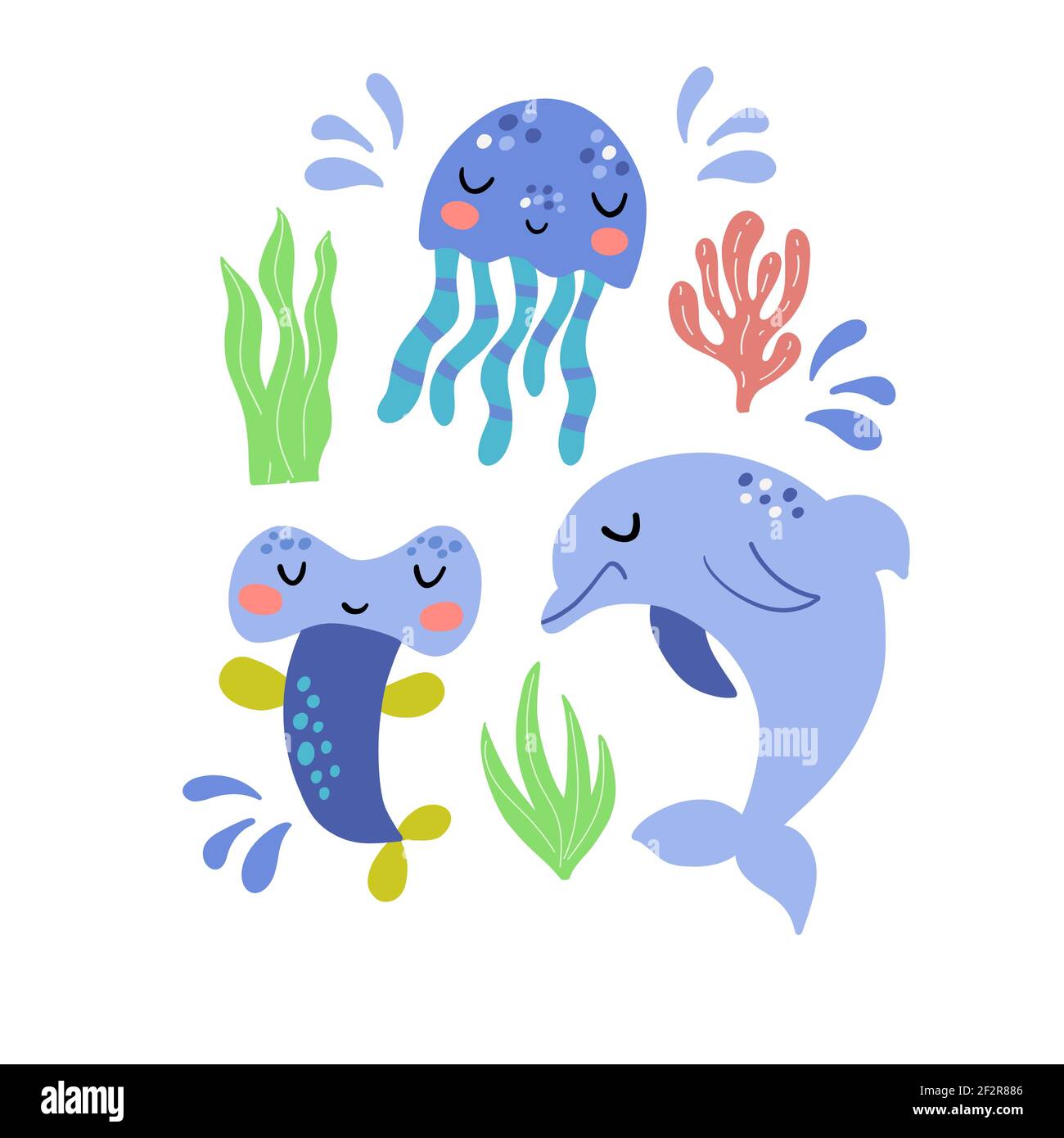 Set of cute sea animals, seaweed and coral in vector graphics on a ...
