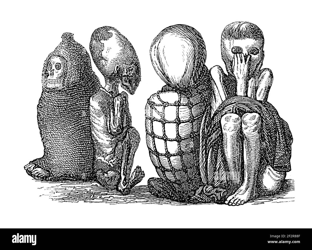 Antique engraving of mummies of Native Americans. Illustration ...