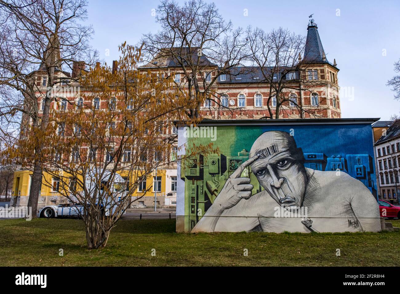 Colorfully painted facade of an energy distribution building in the ...