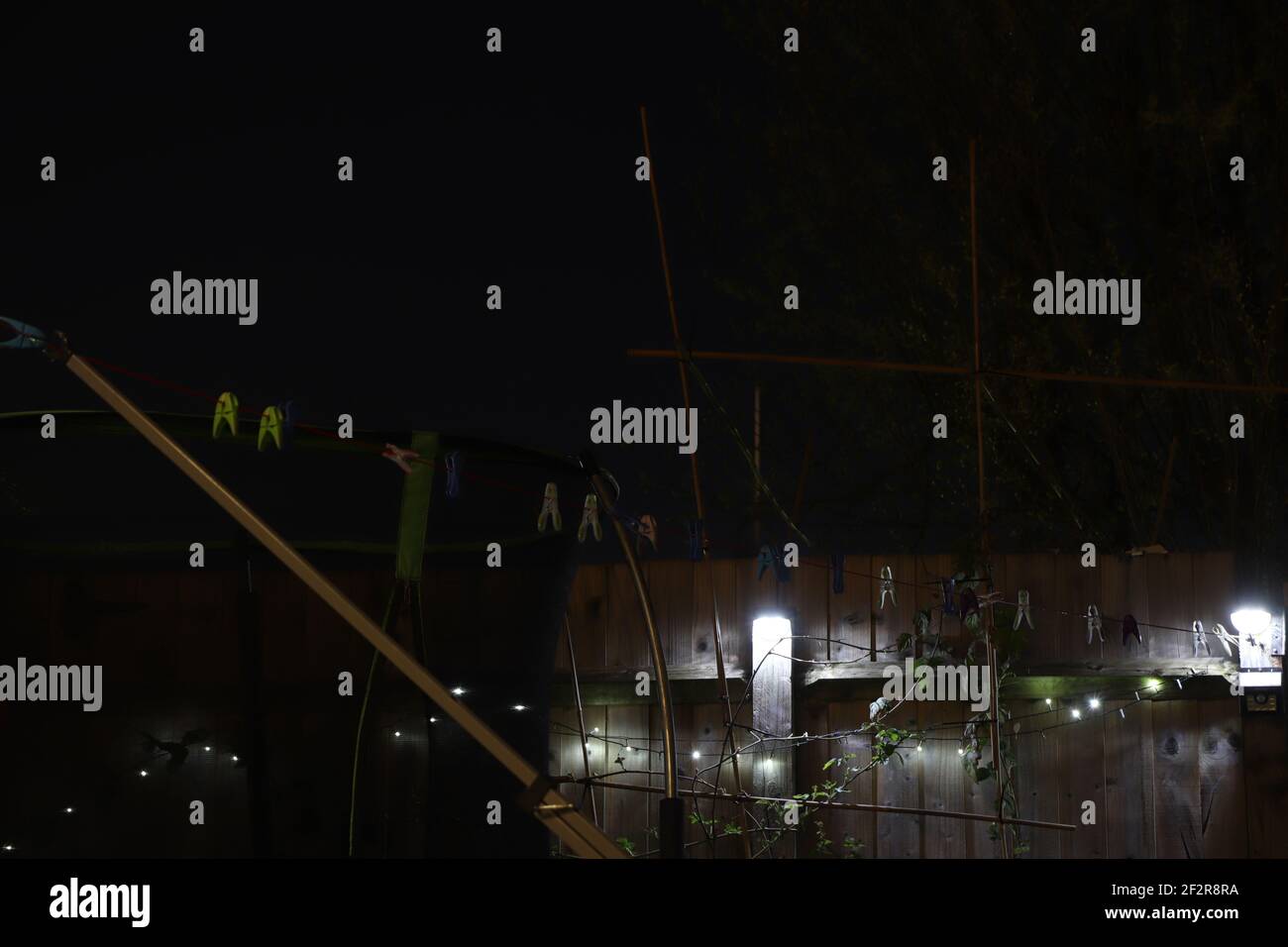Night sky and garden lit up with halogen and solar lights Stock Photo ...