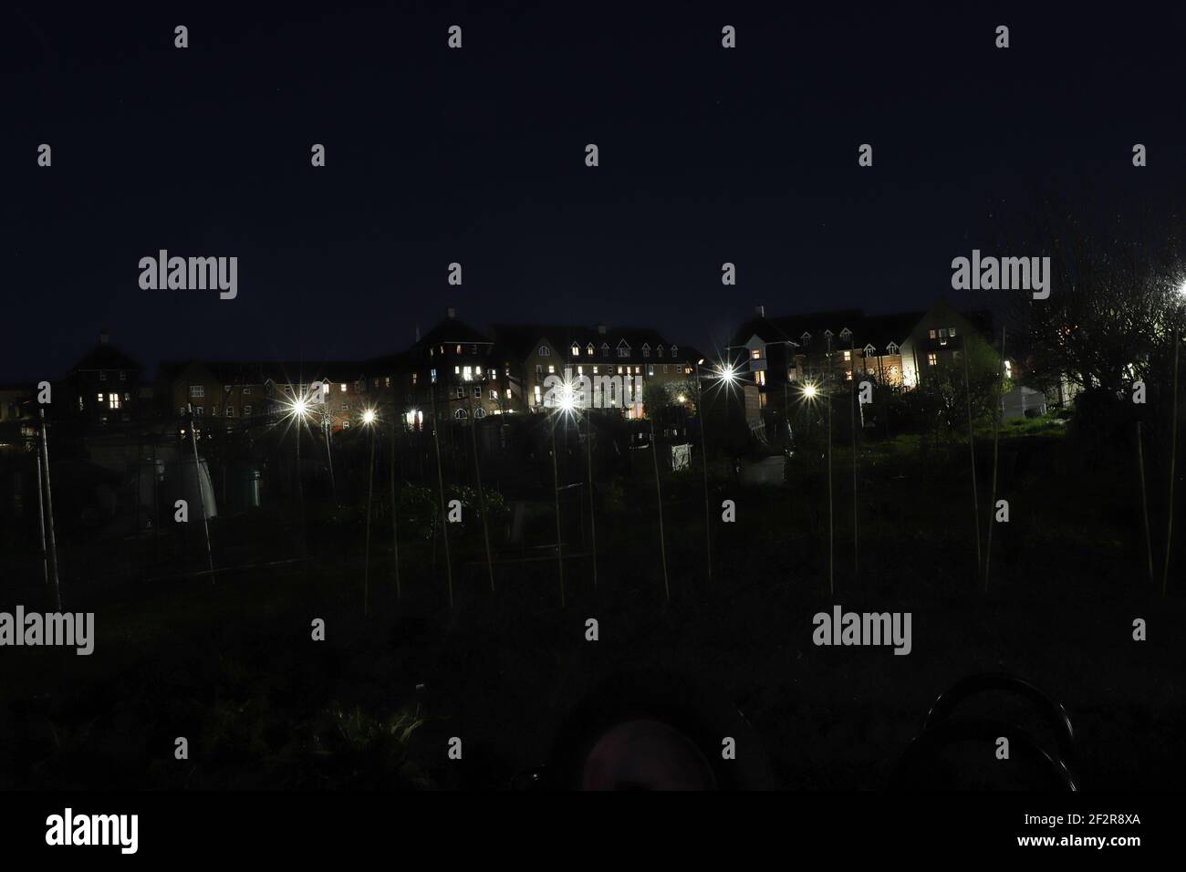 Night sky and garden lit up with halogen and solar lights Stock Photo ...