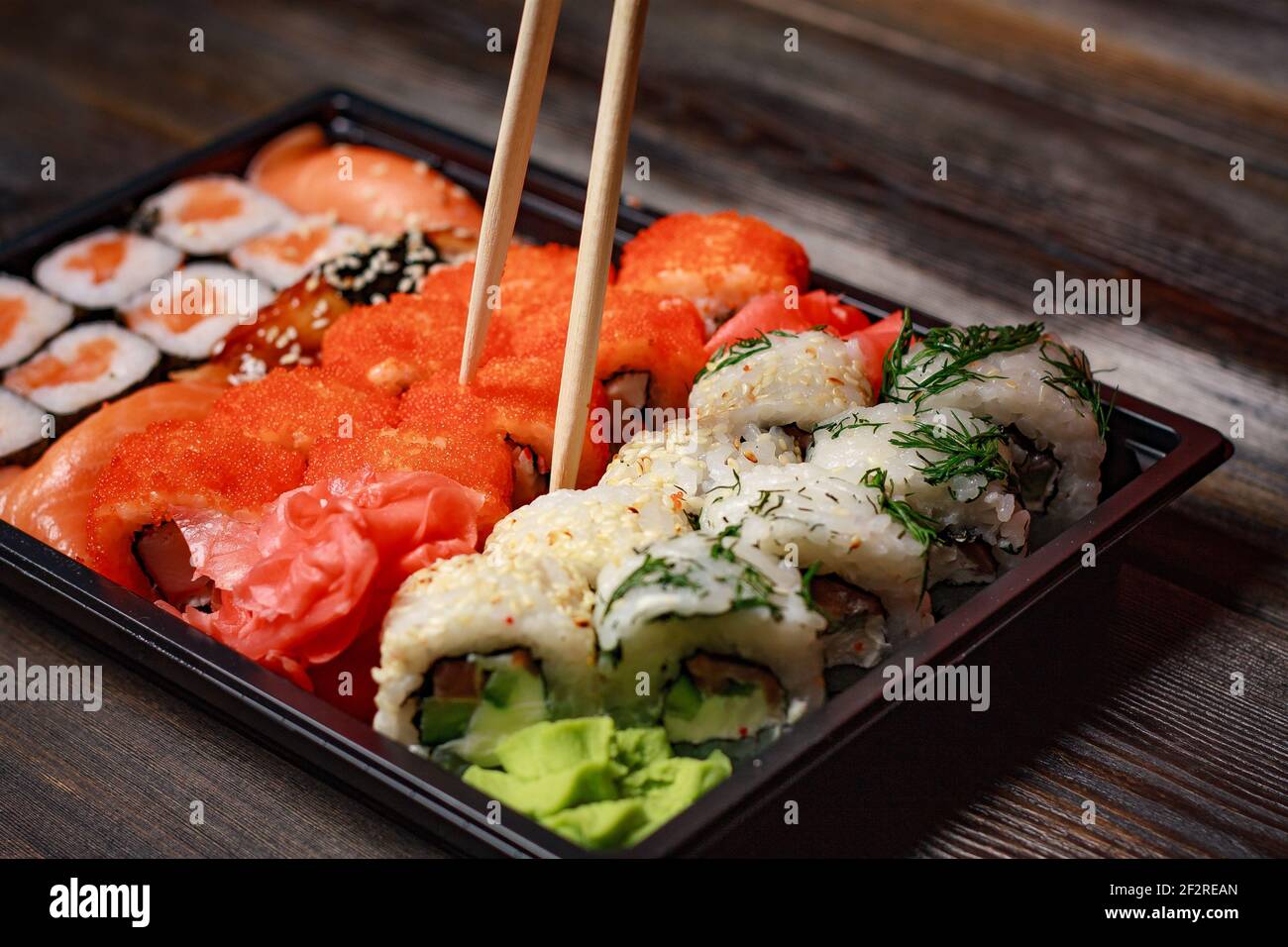 rolls red ginger restaurant delicacy asian cuisine wood background ...
