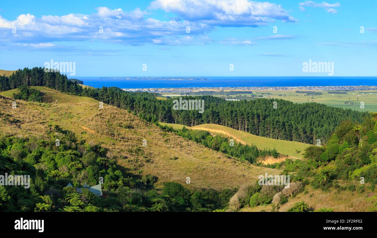 The view from the Papamoa Hills in the Bay of Plenty, New Zealand. The ...