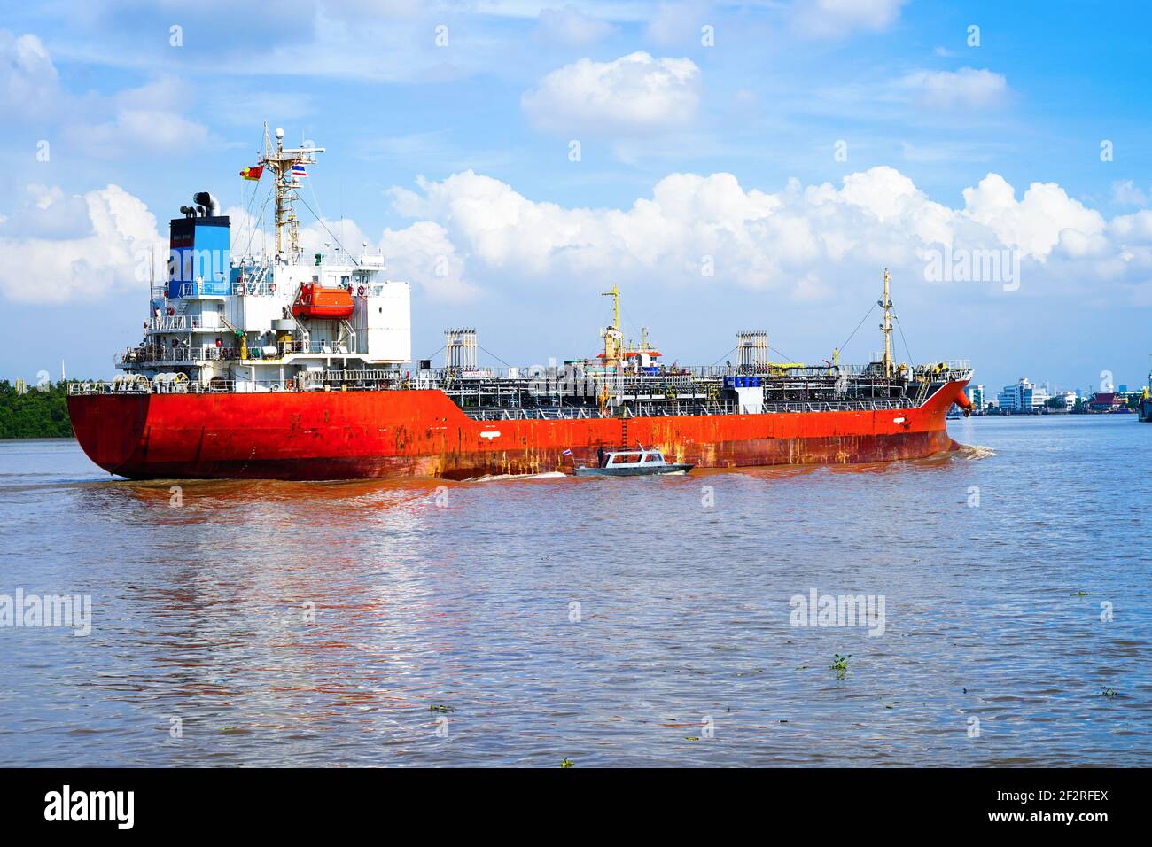 Cargo ship at river of Thailand in Asia, Logistics, transportation and ...